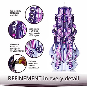 Carved Candles - Unique Handmade Candles Long Burning - Unscented Decorative Candle - Luxury Candles for Home Decor - Birthday Anniversary Mother’s Day Romantic Relaxing Gift for Women - Big Purple