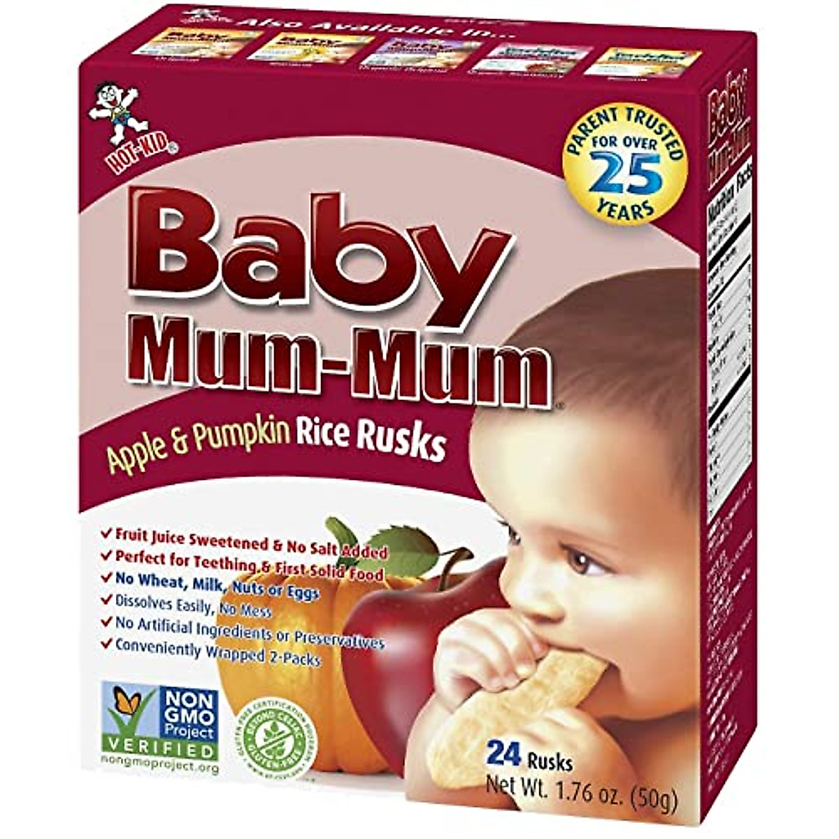 Peaceful Squirrel Variety, Hot-Kid Baby Mum-Mum Rice Rusks Variety Pack of 6 (Organic Original, Banana, Vegetables, Apple & Pumpkin, Carrot & Sweet Potato, Blueberry & Goji) - 1.76 Ounce