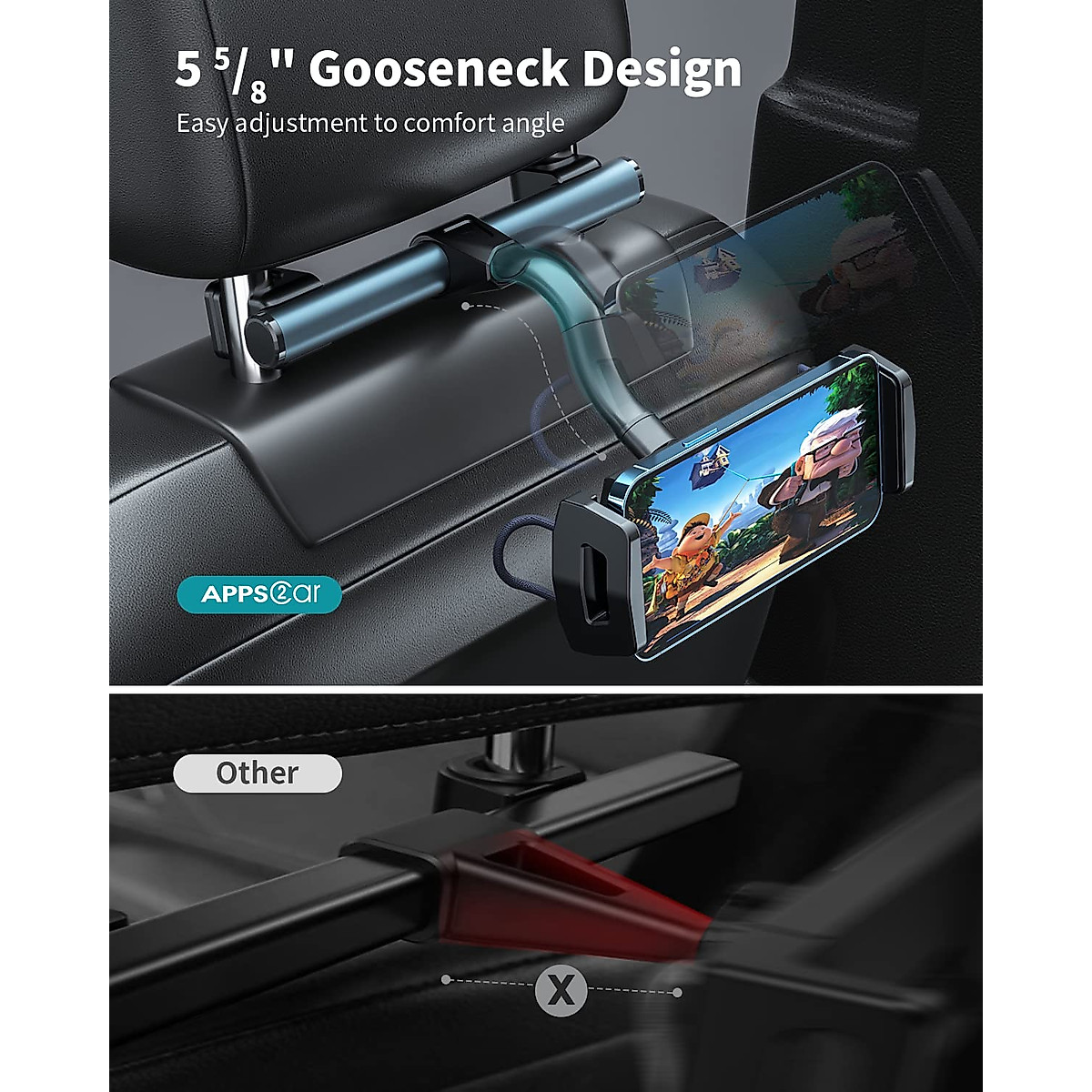 APPS2Car Tablet Holder for Car Headrest, iPad Holder for Car Back Seat, Adjustable Gooseneck Arm & 360° Rotation Fit for iPad Pro Air Mini/Samsung Tabs/Kindles or Other 4.7-12.9” Devices