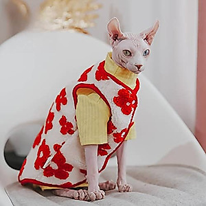 Sphynx Cat Clothes Fleece Winter Warm Thicken Coat with Sleeveless Cute Snap Handwork Jacket Cat Apparel Pet Clothes for Cat (Red Flowers, M (6-7.7lbs))