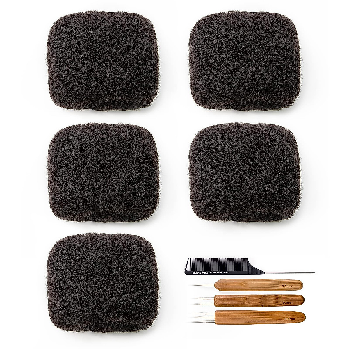 FAMILOCS Afro Bulk Human Hair 10 Inch 5 Packs 150g Afro Curly Hair Bulk for Making Locs, Repair Dreadlocks, Twist Braiding, #1B Natural Black Color Can be Dyed and Bleached, with Crochet Hook and Comb