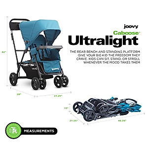Joovy Caboose Ultralight Sit and Stand Double Stroller with Rear Bench and Standing Platform, 3-Way Reclining Seats, Optional Rear Seat, and Universal Car Seat Adapter (Turq)