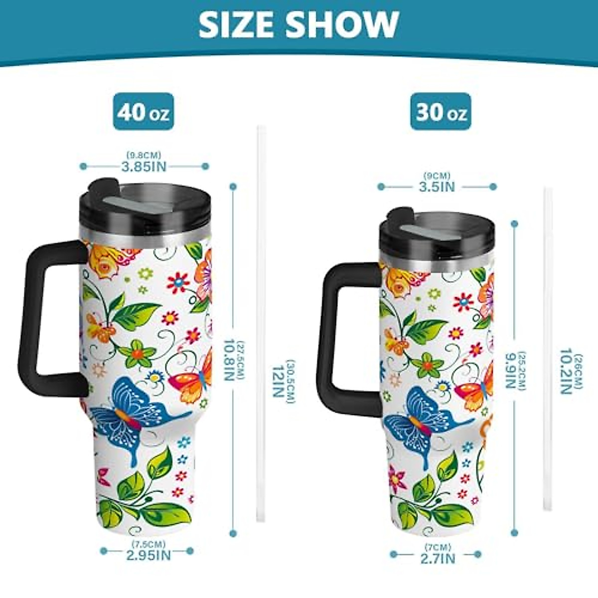 FRCSDIY Beautiful Butterfly Insulated Tumbler with Handle and Straw Lid,40oz Leakproof Stainless Steel Cup BPA-Free Water Bottle