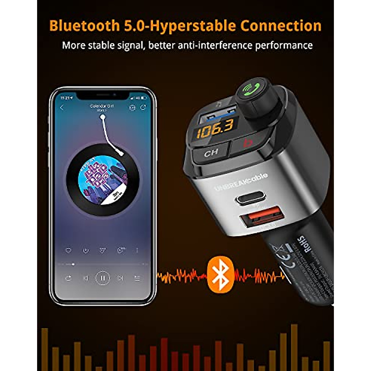 UNBREAKcable Bluetooth FM Transmitter for Car, Support QC3.0, 20W Wireless Bluetooth Radio Car Adapter Receiver MP3 Audio Music Player FM Transmitters, Type C PD20W Handsfree Call Car Charger