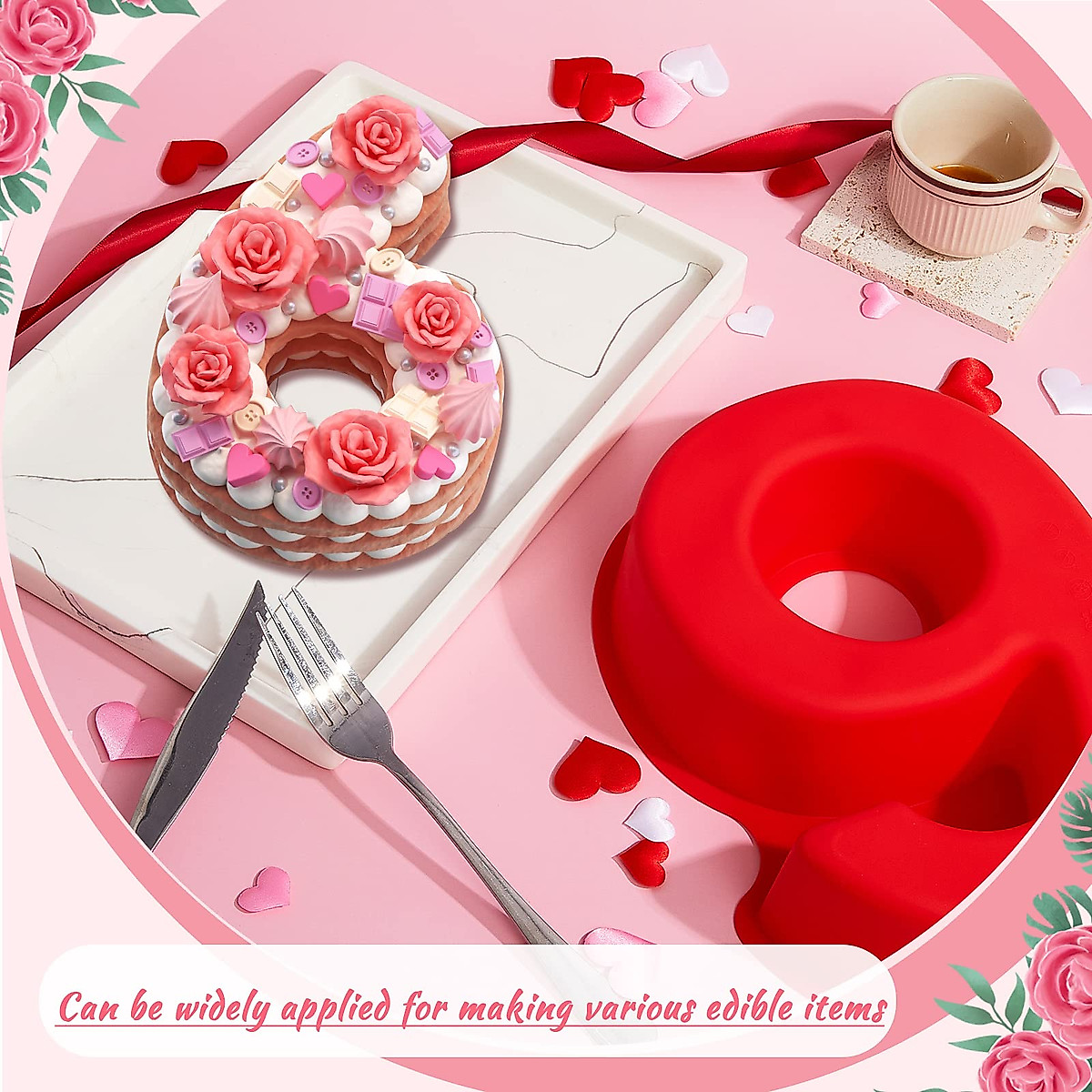 9 Pcs 10 Inch Number Moulds Baking Forms Large Silicone Number Mold 3D Cake Mold Big 0-9 Number Cake Pan Digital Baking Silicone Mould for Happy Birthday Festival Marry Anniversary Wedding (Red)