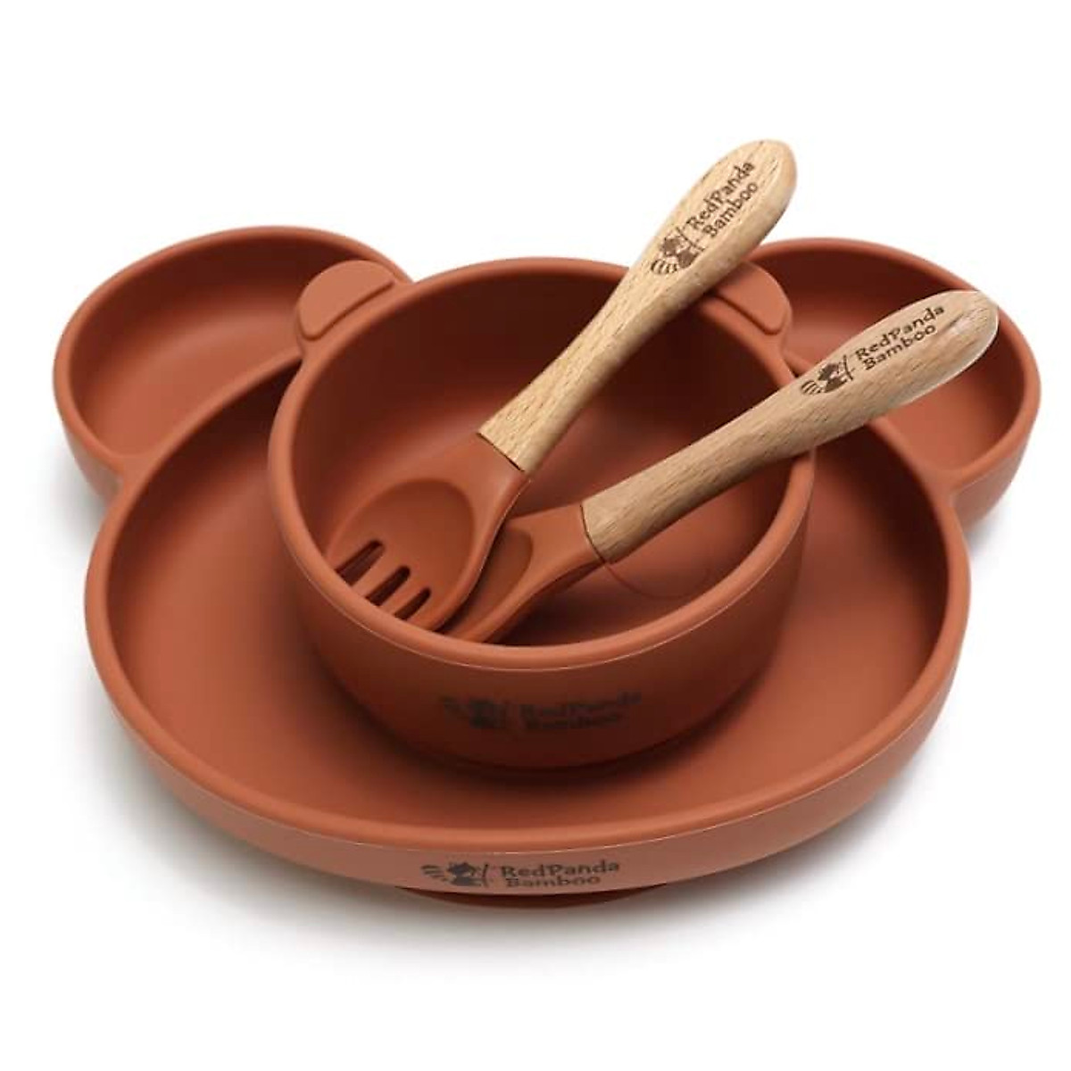 Red Panda Bamboo Silicone Suction Plate and Bowl Set with Spoon and Fork BPA Free Divider Kids Plate Bear Plate Bear Bowl Animal plate Microwave Safe Dishwasher Safe