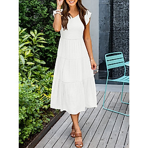 MEROKEETY Women's 2025 Summer Smocked V Neck Tiered Swing Long Midi Dress with Pockets, White, XL