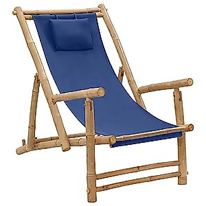 Youuihom Deck Chair Camping Chair Patio Lounge Chair Beach Chairs Garden Chair Bamboo and Canvas Navy Blue Suitable for Balcony, Garden, Patio, Beach, Lawn