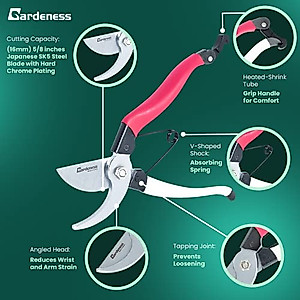 Gardeness Japanese Pruning Shears, 5/8 inch Bypass Heavy Duty Garden Pruner with SK5 Steel Blades – Lightweight Easy Grip Hand Pruners for Gardening, Trimming, Harvesting. Made in Taiwan