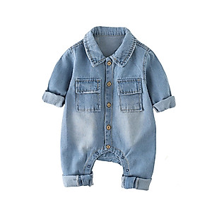 Alunsito Autumn Toddler Baby Boy Romper Long Sleeve Jumpsuit Animal Printed One-Piece Button-Down Denim Bodysuit Giraffe 73 3-6 Months