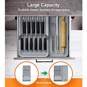 RISHTEN Kitchen Knife Drawer Organizer Grey, In Drawer Knife Block Holder with Expandable Cutlery Tray Compact Organization Drawer Storage Holds Up To 11 Knives (Including Hooks&Sponges)