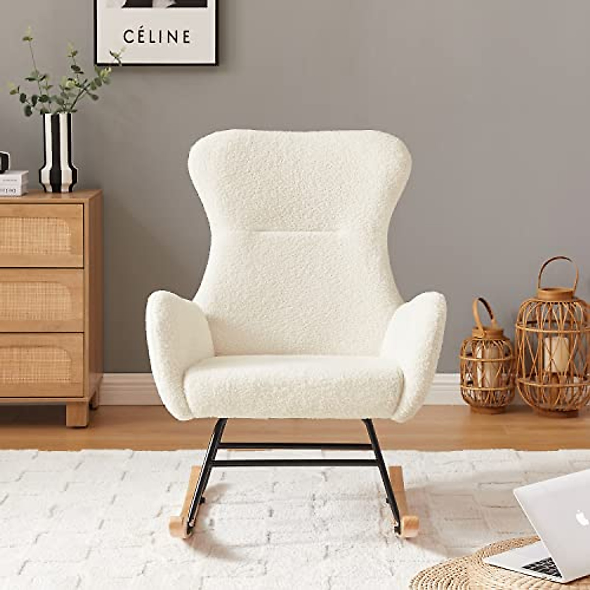 hansones Rocking Chair Nursery,Modern Accent Rocking Chair,Upholstered Nursery Glider Rocker for Baby,Rocking Chair Indoor for Living Room/Bedroom/Nursery(Cream White Teddy Fabric)