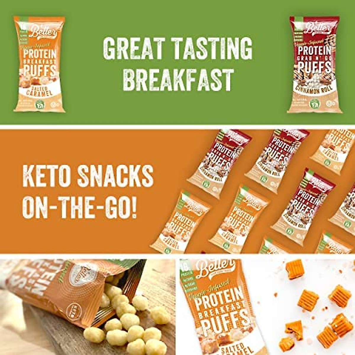 Better Than Good Sweet Keto, Gluten-Free Salted Caramel Protein Puffs (0.88 Ounce 4-Pack) - Paleo, Low Sugar, Low Calorie, Diabetic Friendly Snacks | 16g Protein & 2 Servings of Fruits & Veggies