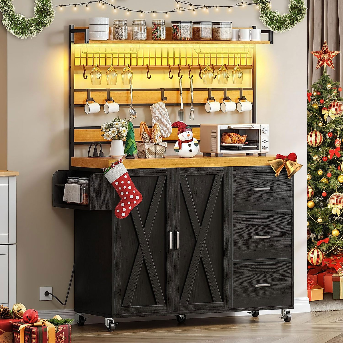 YITAHOME Kitchen Island with Power Outlet & LED Light, 53 Inch Large Standing Baker Rack, Tall Shelf Storage Cabinet on Wheels, Thick Countertop, Glass Holder, Spice Rack, Black Oak