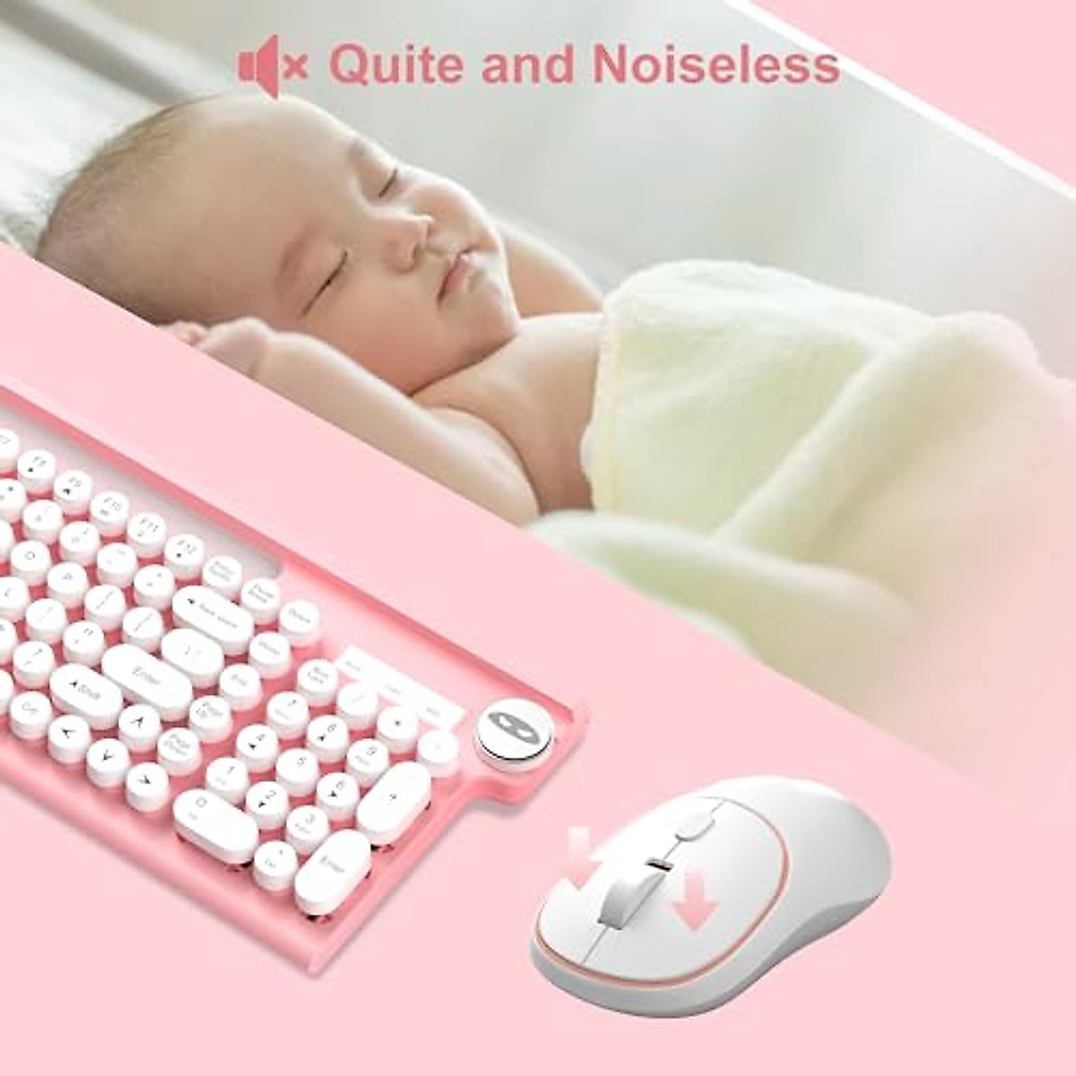 Typewriter Style Wireless Keyboard and Mouse Combo, Cute Pink Wireless Keyboard Mute Keyboard 2.4G with Retro Round Keycap Ergonomic Design and Waterproof Keyboard Mouse Combo, White & Pink