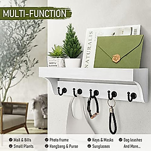 Rebee Vision Key and Mail Holder for Wall with Floating Shelf : Decorative Hanging Organizer with 5 Sturdy Keys Hooks and Wall Mount Key Rack - Farmhouse Entryway Décor (Modern White)