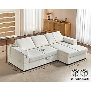 AMERLIFE 96 inch Oversized Sectional Sofa, Modern Couch with Chaise, Comfy Sofa Couch with Right Chaise, White Corduroy Sofa