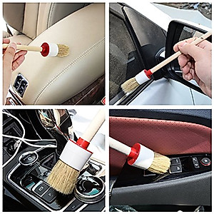 URlighting Car Detailing Brush, 6Pcs Auto Detail Boar Hair Brush Set with Wood Handle for Cleaning Wheels, Dashboard, Interior, Exterior, Leather, Air Vents, Emblems