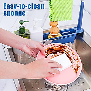 NiHome Telescopic Kitchen Sink Organizer with Towel Hanger and Expandable Drain Basket - Adjustable Length Multifunctional Caddy for Home and Bathroom Storage (Blue/White)