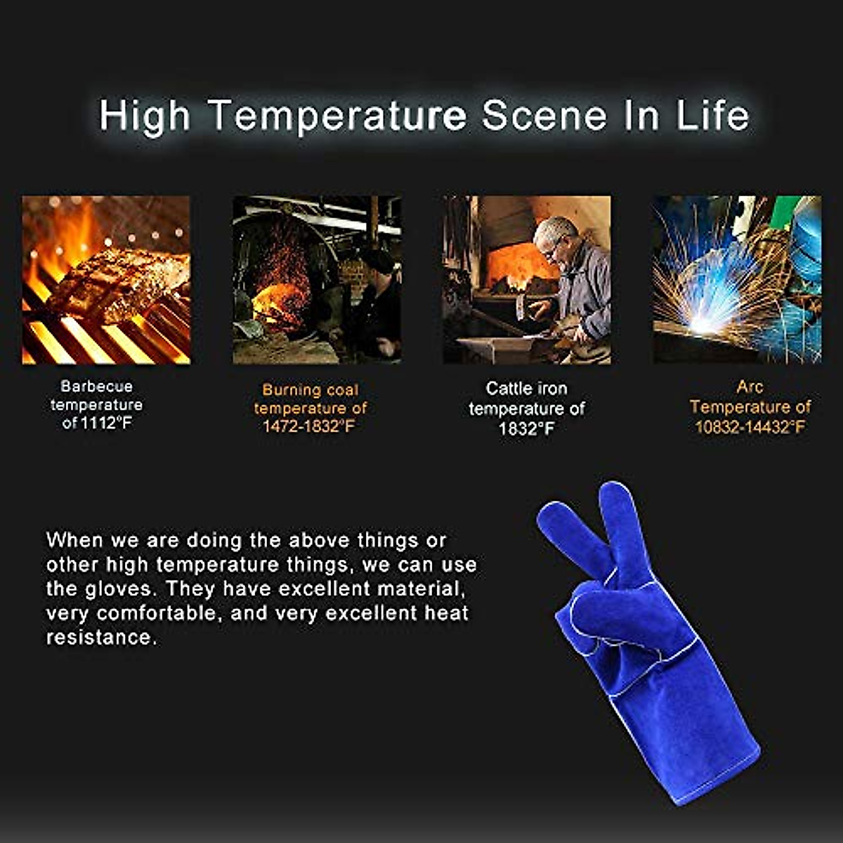 DEKO Welding Gloves Blue 14 inch Leather Forge Heat Resistant Welding Glove for Mig, Tig Welder, BBQ, Furnace, Camping, Stove, Fireplace and More