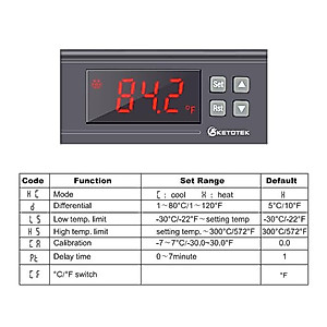KETOTEK KT8230 Digital Temperature Controller Thermostat Regulator 120VAC 30A Fahrenheit -22~572℉ Heating Cooling for Incubator Brooder Refrigerator Fermenter Greenhouse Reptile