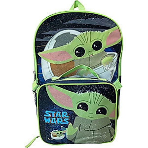 Fast Forward Star Wars The Mandalorian Baby Yoda 15 Inch Kids Backpack With Removable Lunch Box (Grey-Navy-Green)