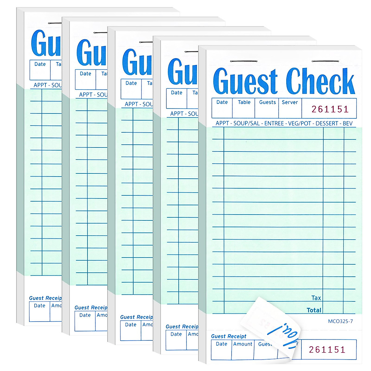 Darcvds 5 Pack Guest Check Books, Server Note Pads for Restaurant, Green Waiter Checkbook, Waitress Notepad, Food Receipt Book, Restaurant Order Pad 50 Sheets/Pack, 250 Total Tickets