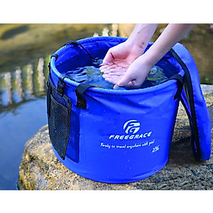 Premium Collapsible Bucket by Freegrace - Compact Portable Folding Water Container - Lightweight & Durable - Includes Handy Tool Mesh Pocket (Navy Blue(Upgraded), 23L (Lid))