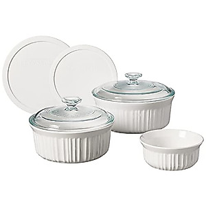 CorningWare French White 7-Pc Ceramic Bakeware Set with Lids, Chip and Crack Resistant Stoneware Baking Dish, Microwave, Dishwasher, Oven, Freezer and Fridge Safe