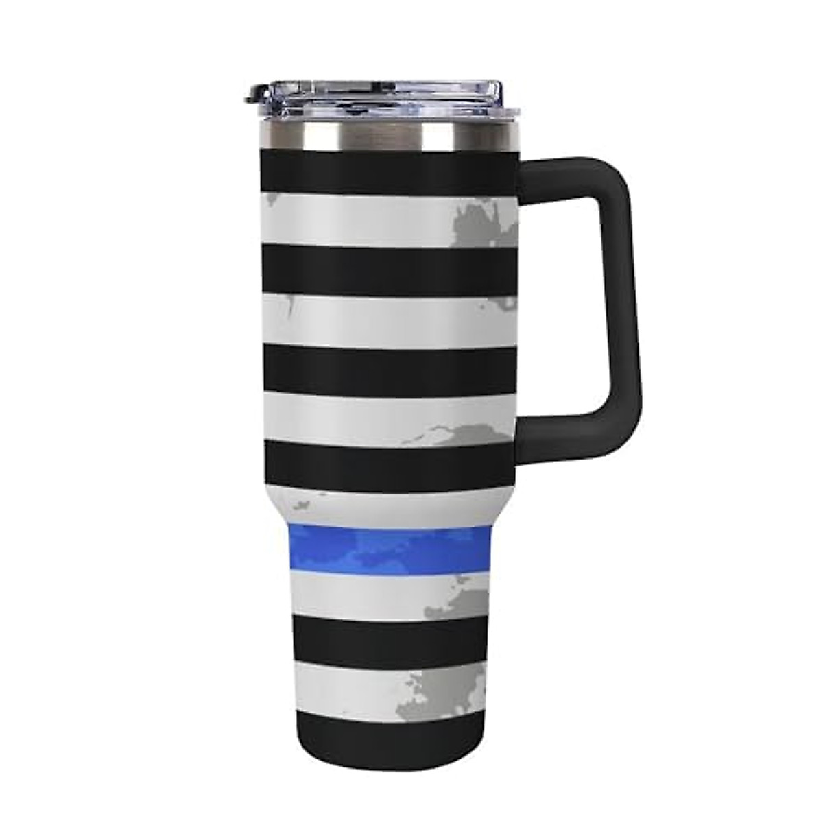Large Capacity Stainless Steel Cup, Funny American Thin Blue Line Flag Police Pattern Black Handle Insulated Tumbler with Lid and Straw, 40 oz Water Bottle for Meeting, Travel