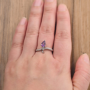 LUO S925 Sterling Silver Snake Ring Pear Shaped 7X5 MM Amethyst Ring Retro Animal Ring for Women US Size 4