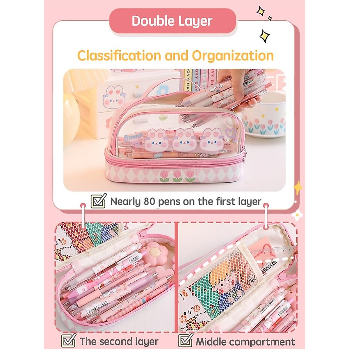 JHTPSLR Large Kawaii Pencil Pouch with Strap Double Layer Pencil Pouch Clear Waterproof Cute Preppy Pencil Case Pen Bags Holder Storage and Organizer (Purple Friends)