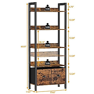 Furologee Dresser TV Stand and 5-Tier Tall Bookshelf Set Console Sofa Table with 7 Drawers and 2-Tier Open Shelves Entertainment Center for 45" TV Storage Fabric Drawer Unit Wood and Metal Bookcase fo