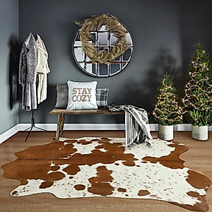 Zedrew Faux Cowhide Rugs, 5.2x6.2 Feet Large Cow Print Area Rug for Living Room Bedroom, Western Decor Carpet Animal Printed Mat for Dining Office Home Decor, Khaki