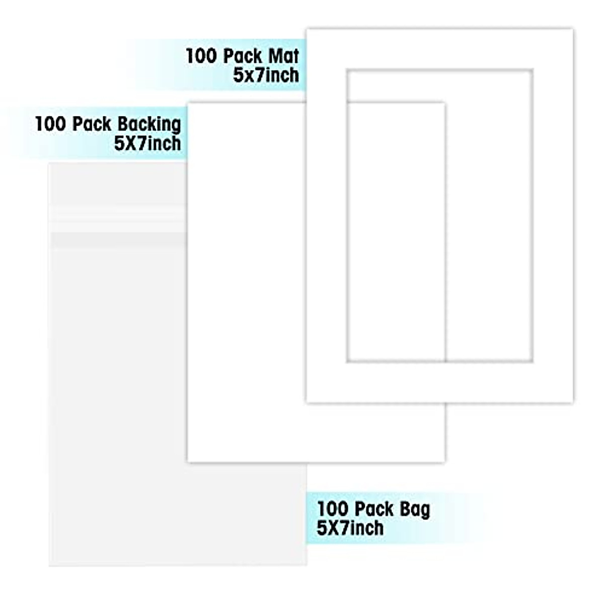 Pack of 100 5x7 WHITE Picture Mats Mattes with White Core Bevel Cut for 4x6 Photo + Back + Bags