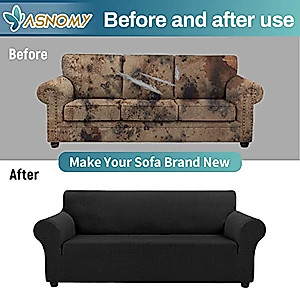 Asnomy Couch Covers for 3 Cushion Couch Stretch Sofa Covers Slipcovers, Pet Protector Furniture Covers for Dogs Cats Spandex Jacquard Fabric Small Checks（Large， Black）