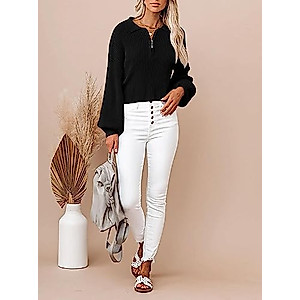 Pink Queen Women's 2023 Fashion V Neck Collared Crop Sweaters Casual Loose Lantern Long Sleeve Half Zip Slouchy Ribbed Knit Jumper Tops Black L