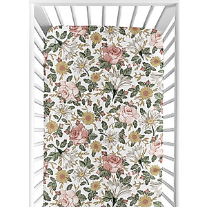 Sweet Jojo Designs Vintage Floral Boho Girl Fitted Crib Sheet Baby or Toddler Bed Nursery - Blush Pink, Yellow, Green and White Shabby Chic Rose Flower Farmhouse