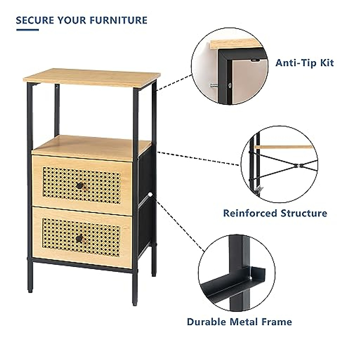 DOVAMY Rattan Nightstand with 2 Drawers, End Table for Small Spaces, Side Table with Storage for Bedroom, Living Room, Dorm, 27.5'' Bed Stand with Open Shelf, Beige BN03B