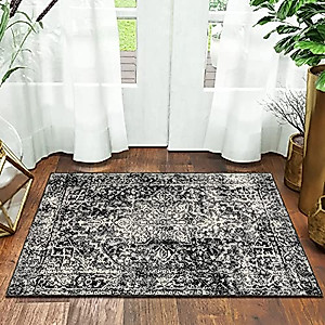 Morebes Persian Vintage Area Rug 2x3, Washable Small Indoor Door Mat Traditional Medallion Entryway Rug,Non-Slip Non-Shedding Kitchen Sink Throw Carpet for Bathroom Laundry Entrance,Gray/Black