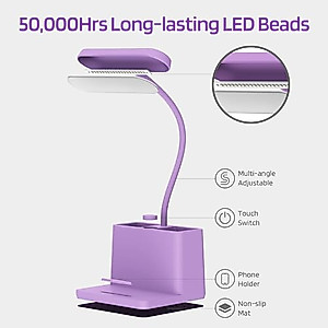 AXX Cute Purple Desk Lamp, Rechargeable Study Table Light for Home Office, Small, Battery Operated, LED, Flexible Gooseneck, Mini, Cordless, College Dorm Room Desktop Accessories for Kids Teen Girls