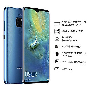 Huawei Mate 20 (128GB/4GB) 6.53" FHD+ Display Triple Camera 4000 mAh Battery 4G LTE GSM Dual SIM Global Unlocked (HMA-L29) International Version, Midnight Blue