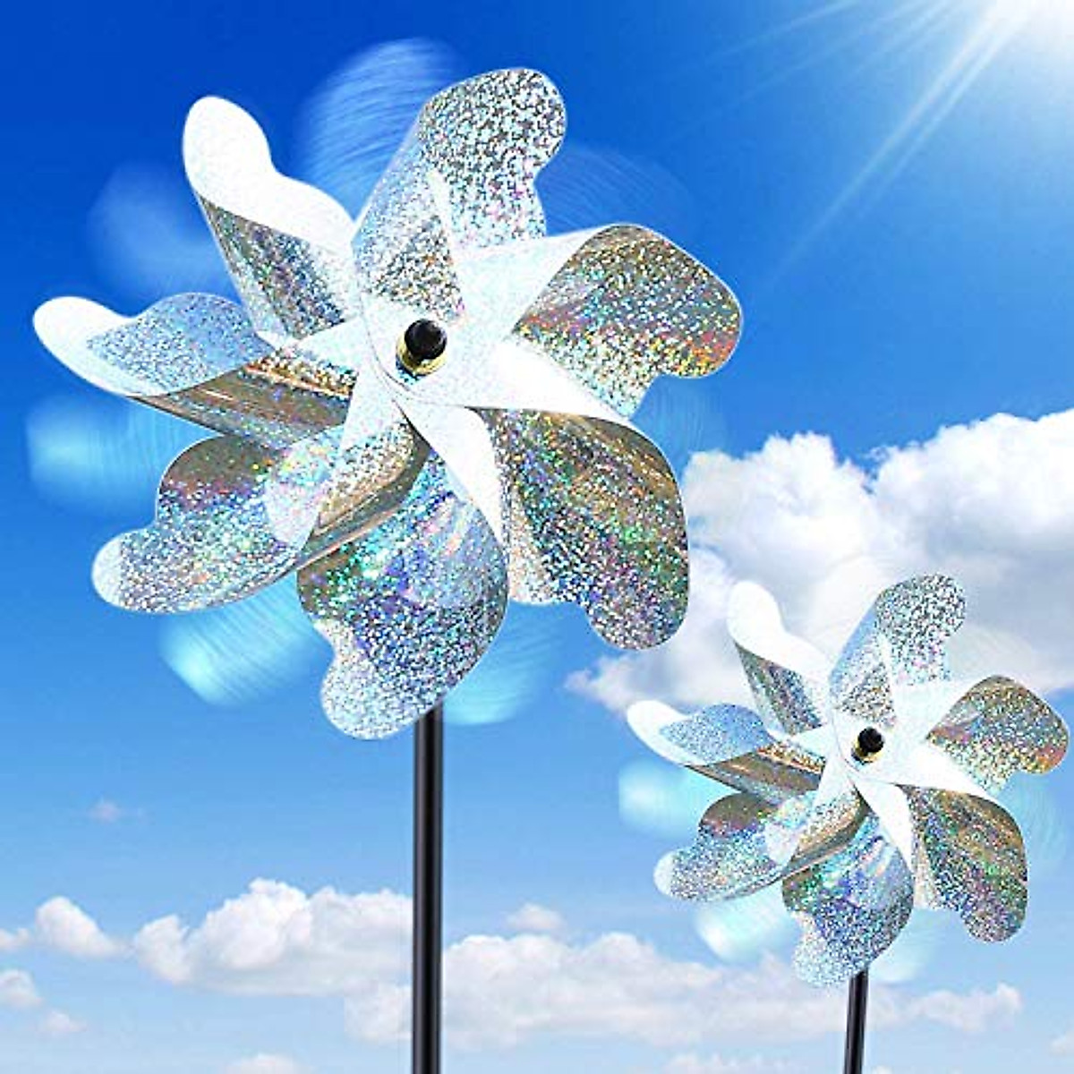 Ohuhu Reflective Pinwheels with Stakes, 10-Pack Extra Sparkly Wind Sculpture for Garden Decor Pin Wheel, Silver Wind Spinner