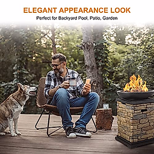 Camplux Propane Firebowl Column, 40,000 BTU Outdoor Gas Fire Pit with PVC Cover and Lava Rocks, Garden Slate Rock Look