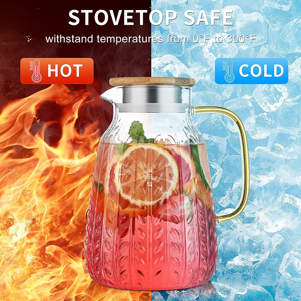 68 Ounce Glass Pitcher with Bamboo Lid | Stove Safe Pitcher Iced Tea Spout Water Carafe,Beverage Pitcher for Homemade Juice and Iced Tea (2000ML)