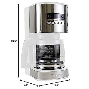 Kenmore Aroma Control 12-Cup Programmable Coffee Maker, White and Stainless Steel Drip Coffee Machine, Glass Carafe, Reusable Filter, Timer, Digital Display, Charcoal Water Filter, Regular or Bold