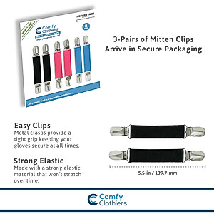 Comfy Clothiers Elastic Mitten Clips for Kids Gloves and Adults - Glove Clips for Kids, Mitten Clips for Adults and Kids - Kids Glove Clips - Mitten Clip - Clip for Gloves (Multi-Color 3-pack)