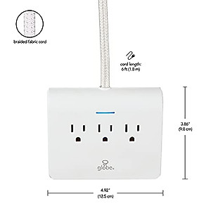 GLOBE Designer Series 3-Outlet USB Surge Protector Desktop Power Strip, 4x USB Ports, 3 Grounded Outlets, 6ft Fabric Power Cord, Reset Button, White Finish,78428