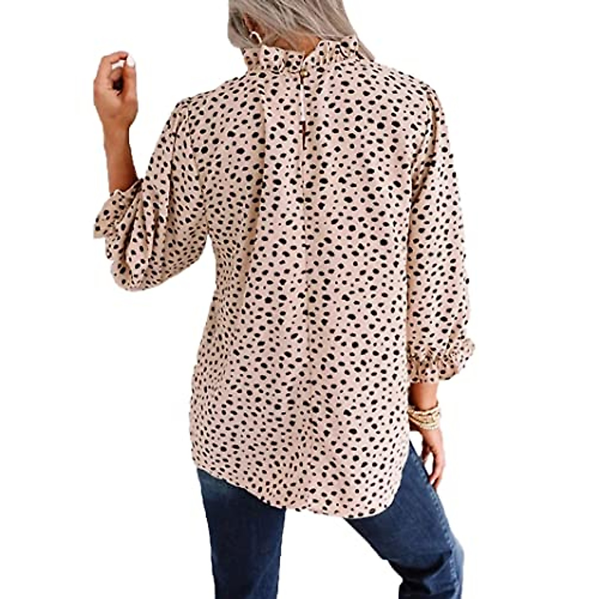 Avanova Women's Leopard Printed Ruffle Hem 3/4 Sleeve Mock Neck Elegant Work Blouses Top Beige Small