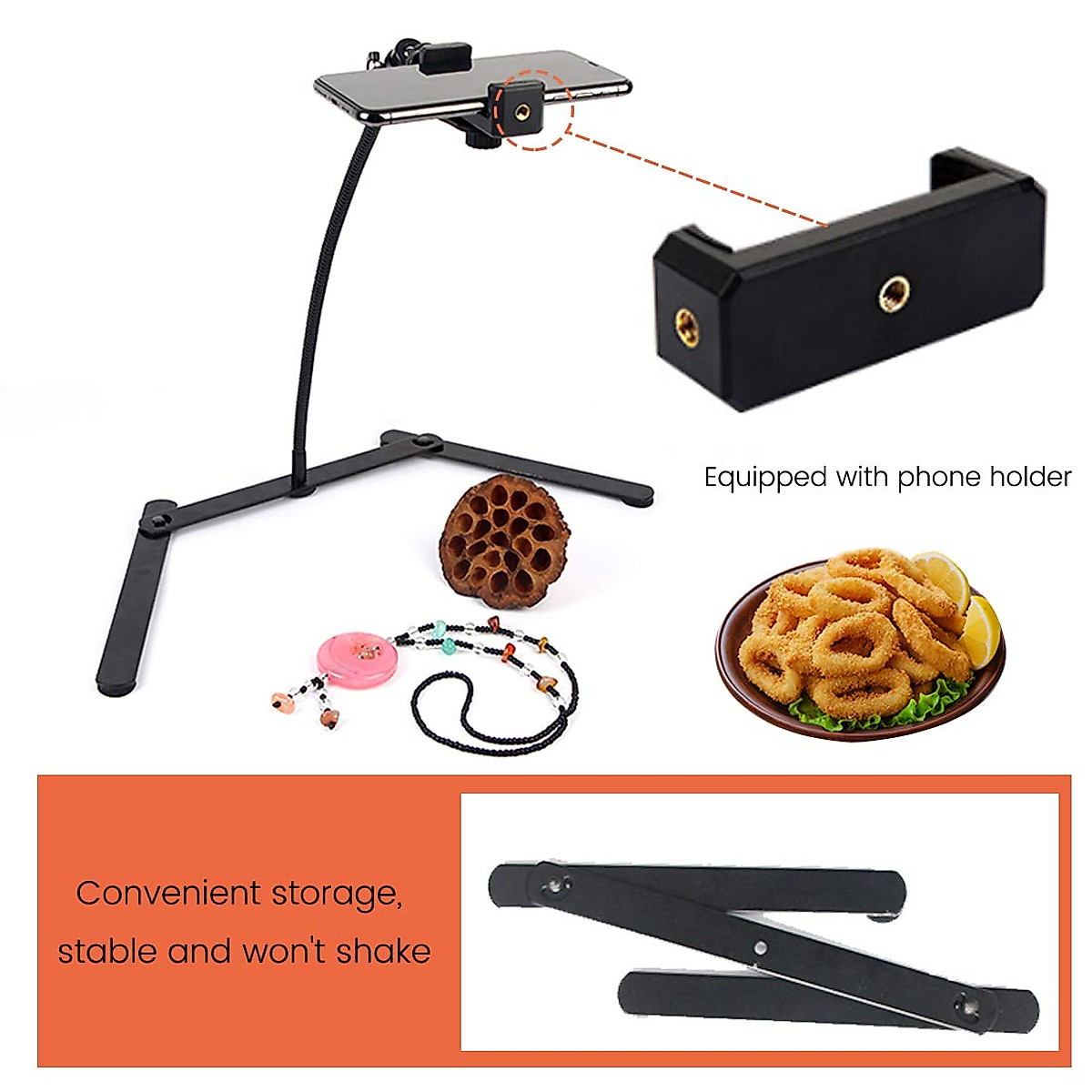 Ajustable Tripod with Cellphone Holder, Overhead Phone Mount, Table Top Teaching Online Stand for Live Streaming and Online Video and Food Crafting Demo Drawing Sketching Recording